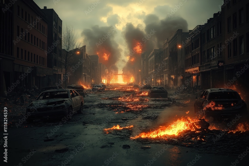 Empty city street ablaze. Burnt cars trash the roadway. Flames and ...