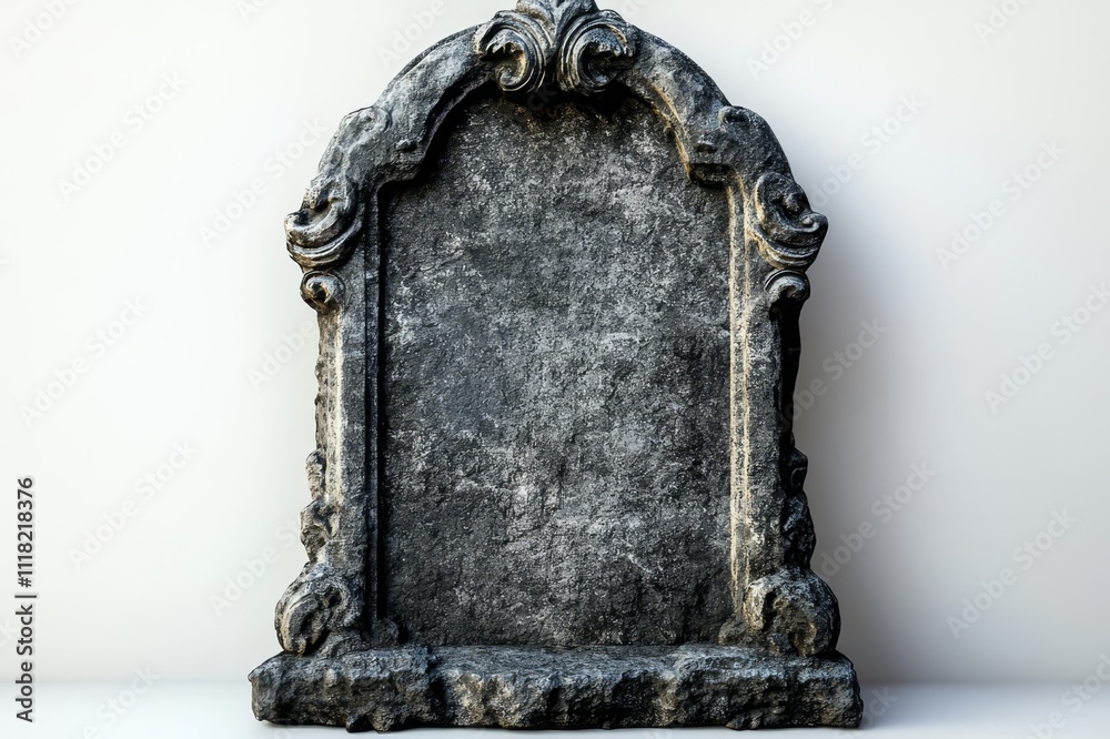 Ancient gravestone with ornate carvings displayed against a neutral ...