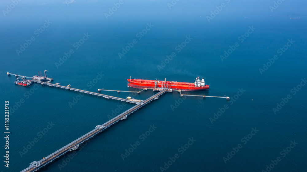 Aerial view oil tanker ship oil depot terminal storage petroleum ...