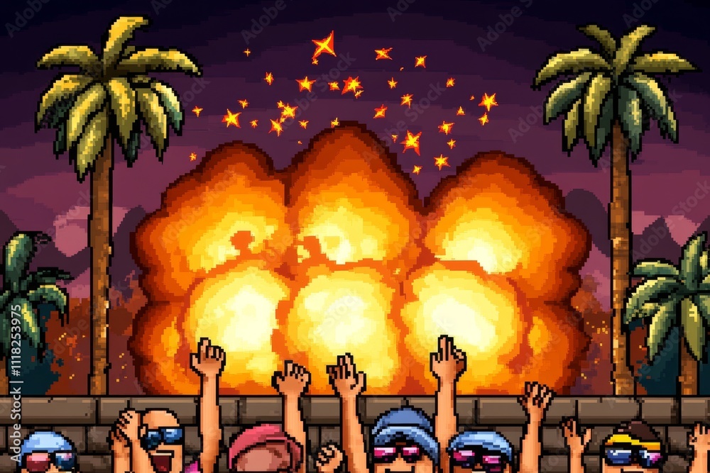 A pixel art depiction of a crowd cheering at a retro video game ...