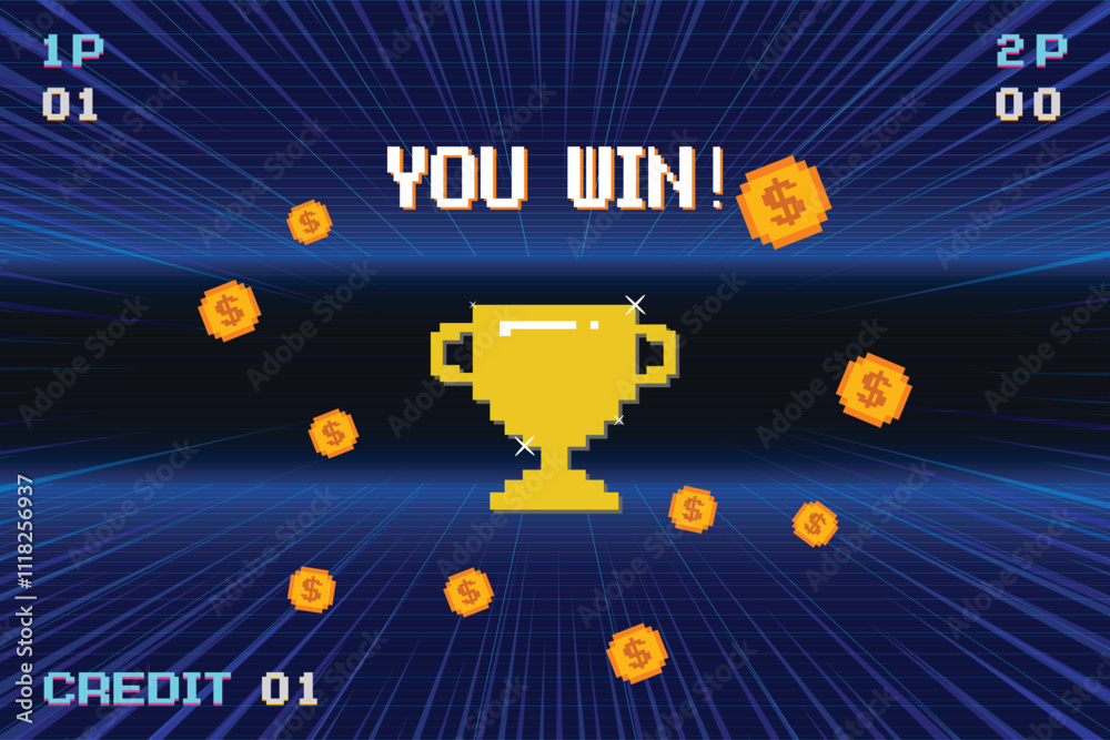 8-bit pixel art with text "You Win" and a big golden cup and gold coin ...