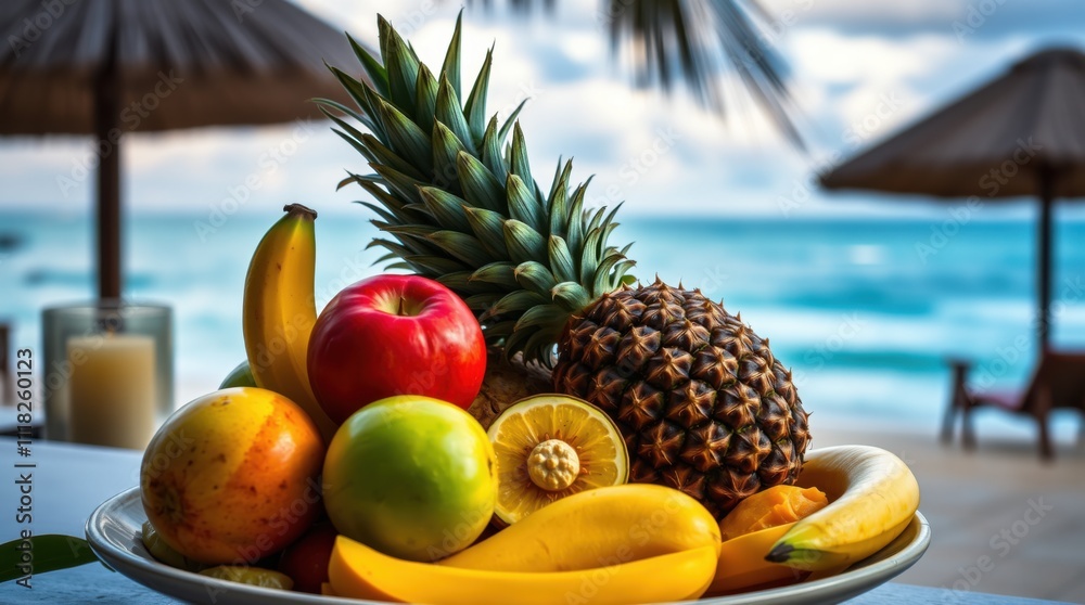 Backdrop photo of A fruit platter with tropical fruits like mangoes and ...