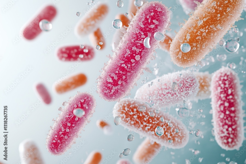 Microscopic view of colorful probiotics, prebiotics bacteria. Bacteria ...