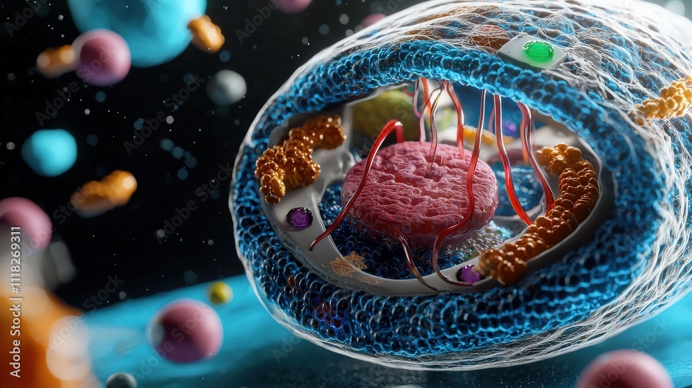 Detailed cross-section of a eukaryotic cell, showing the nucleus ...