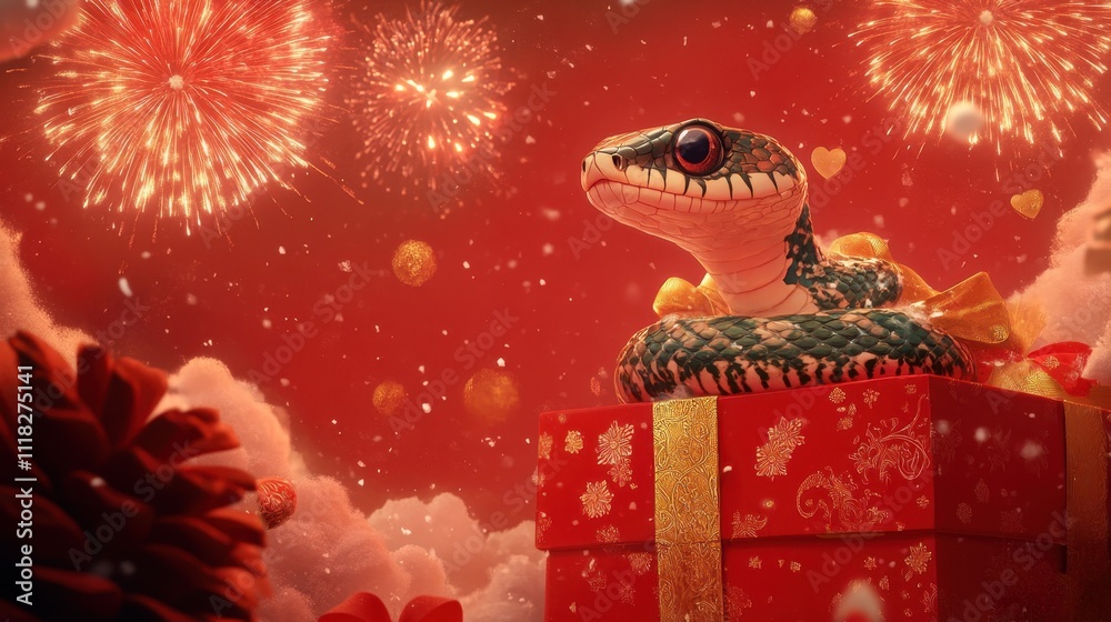 2025 Year of the Snake Spring Festival red fireworks background Stock ...