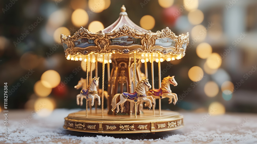 Miniature golden carousel with Christmas tree and bokeh lights Stock ...
