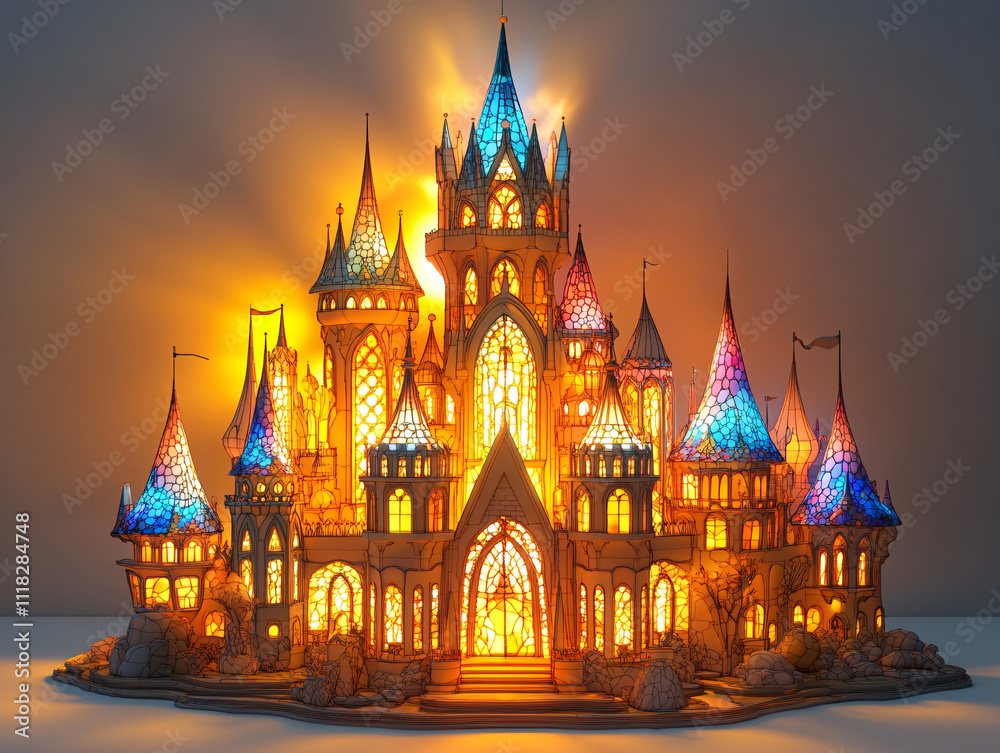 a fantasy castle with vibrant, stained-glass-like windows and ...