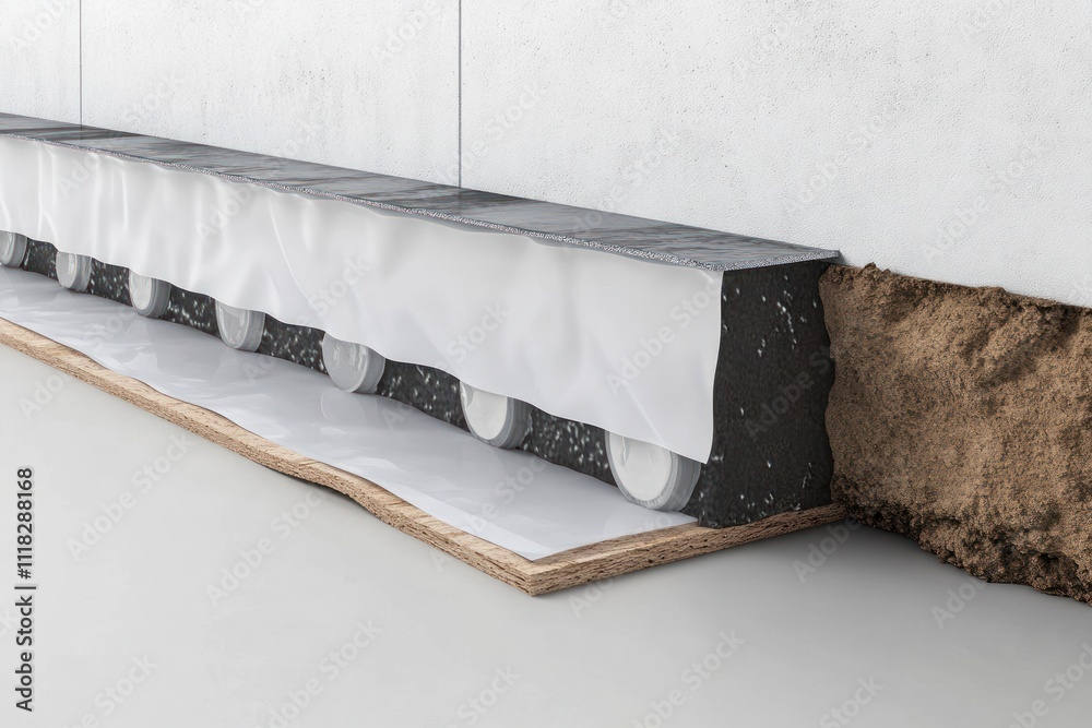 Cross-section view of a floating floor system with damp proof membrane ...