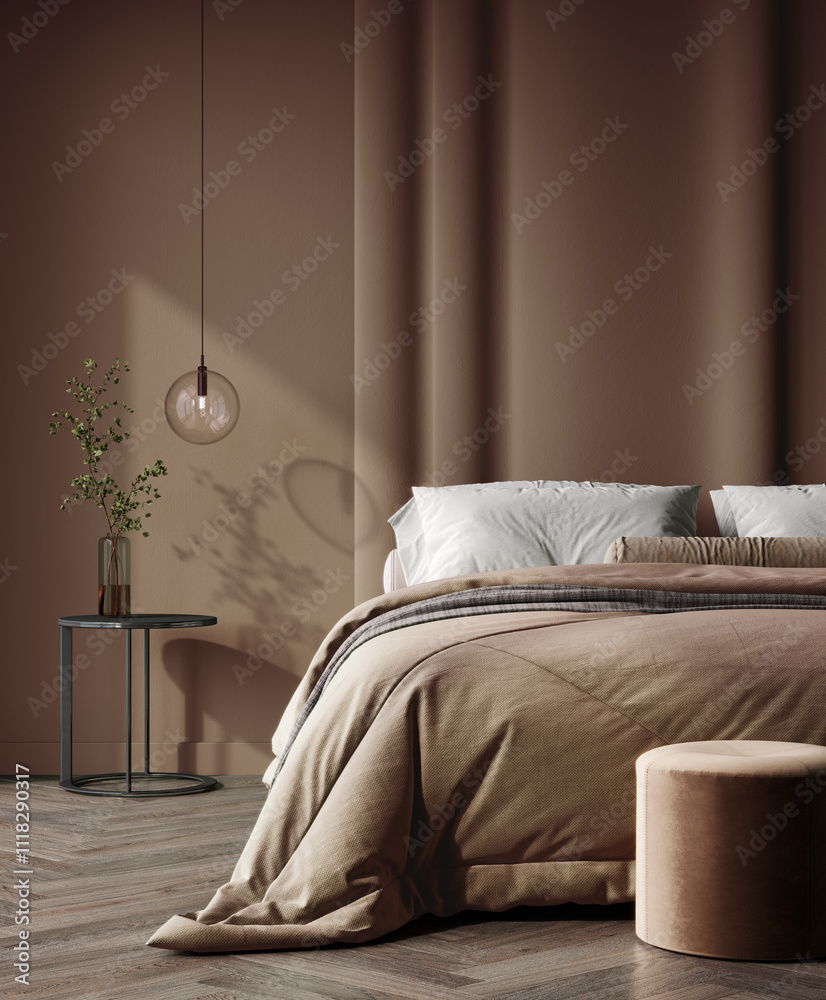Bedroom in pastel tone Mocha Mousse color trend 2025 year panton ...