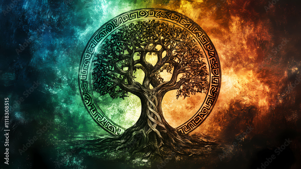 Tree of life, yggdrasil, futhark runes circle, norse mythology, viking ...
