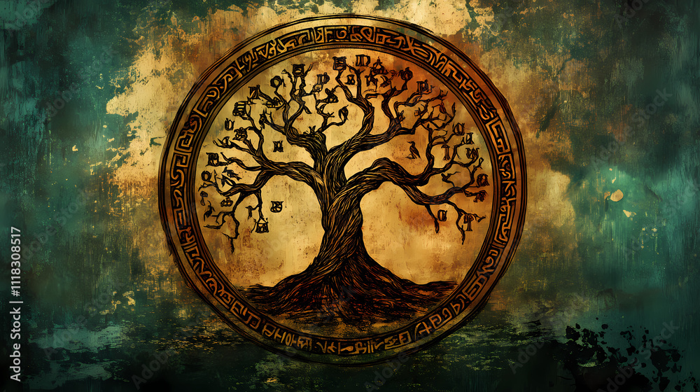 Tree of life, yggdrasil, futhark runes circle, norse mythology, viking ...