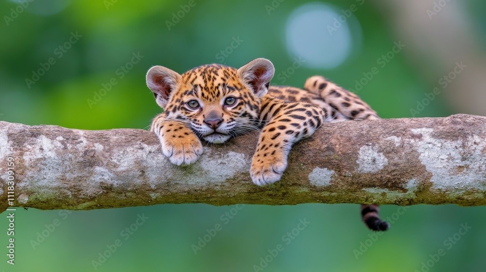 Adorable Jaguar Cub Resting on Branch: A captivating image of a young ...