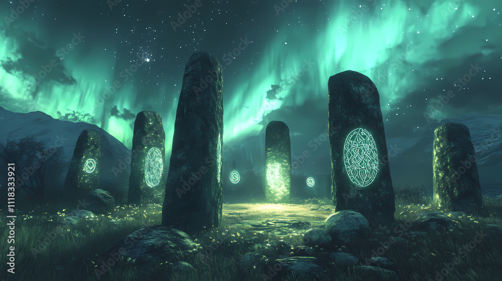 A mystical scene where the northern lights form a portal to another ...