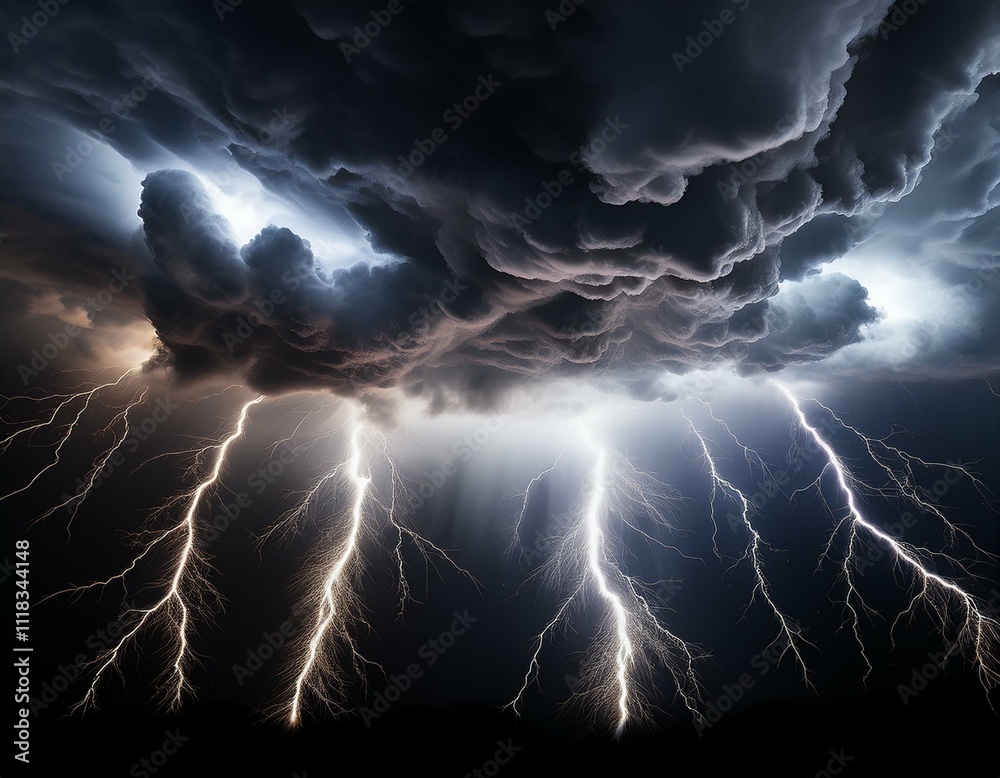 Black storm clouds with vivid lightning strikes and smoky textures ...