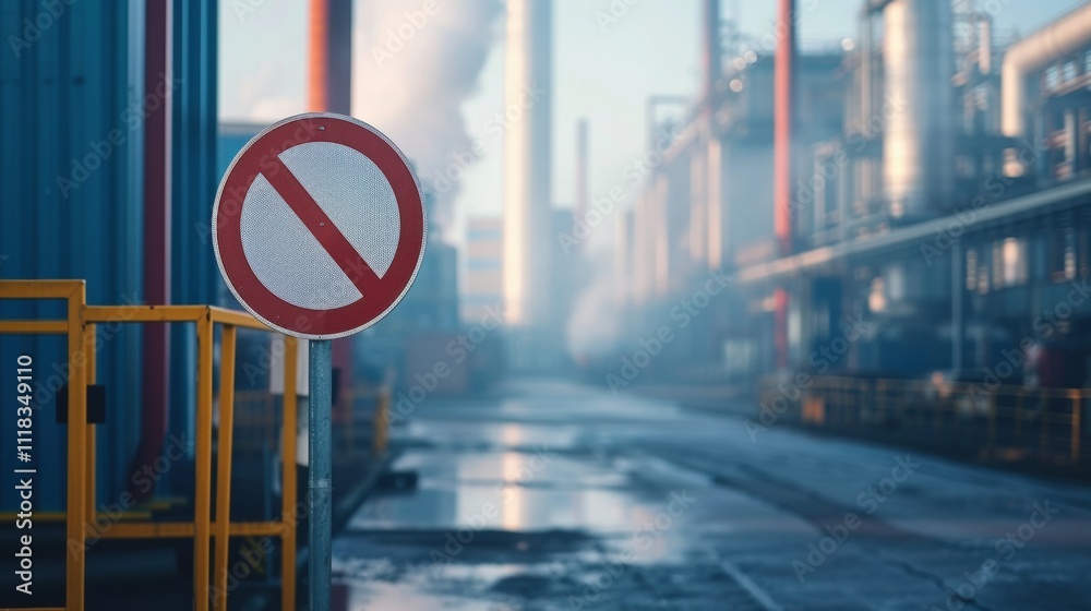 Prominent no entry sign standing in front of an industrial complex ...