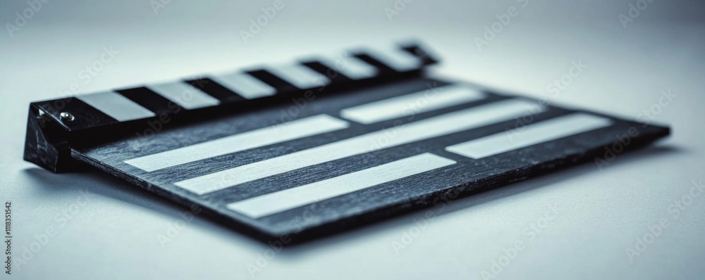 A close-up of a film clapperboard, commonly used in movie production to ...