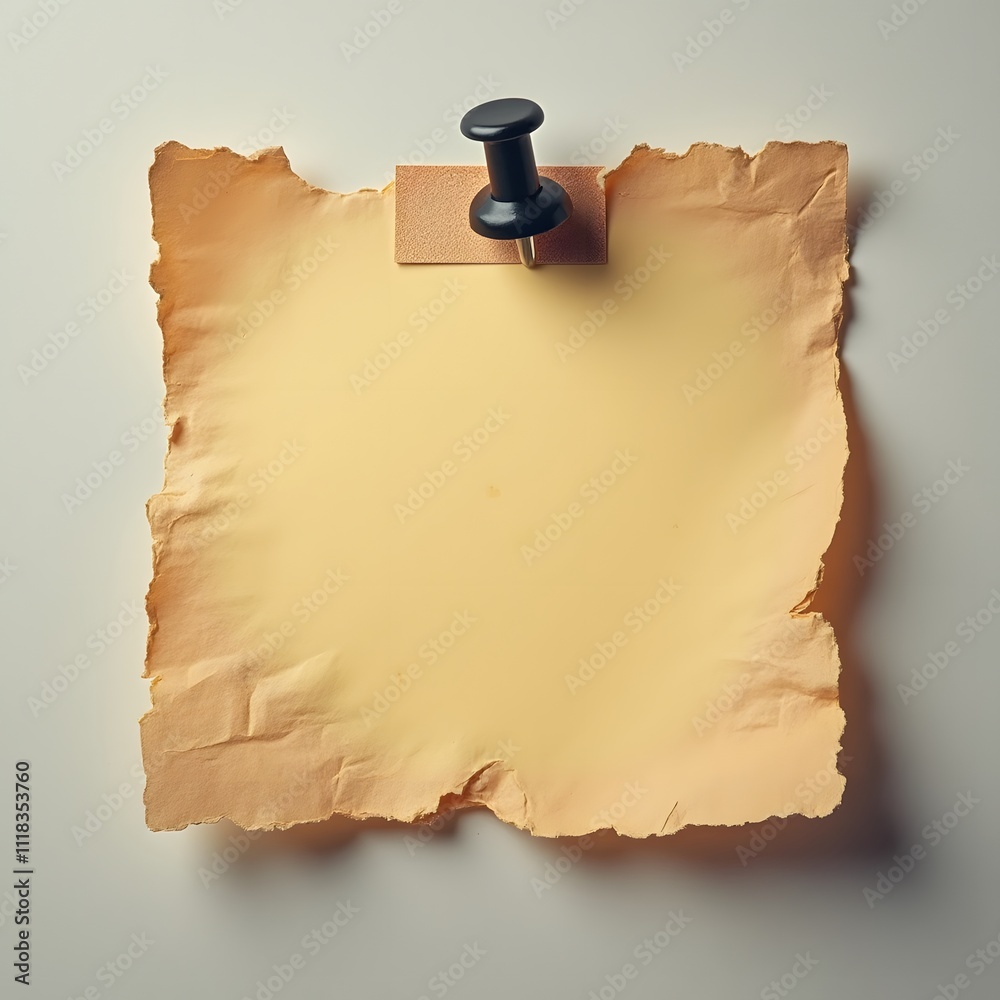 Old Torn Paper Note with Red Pushpin Isolated on White Background Stock ...
