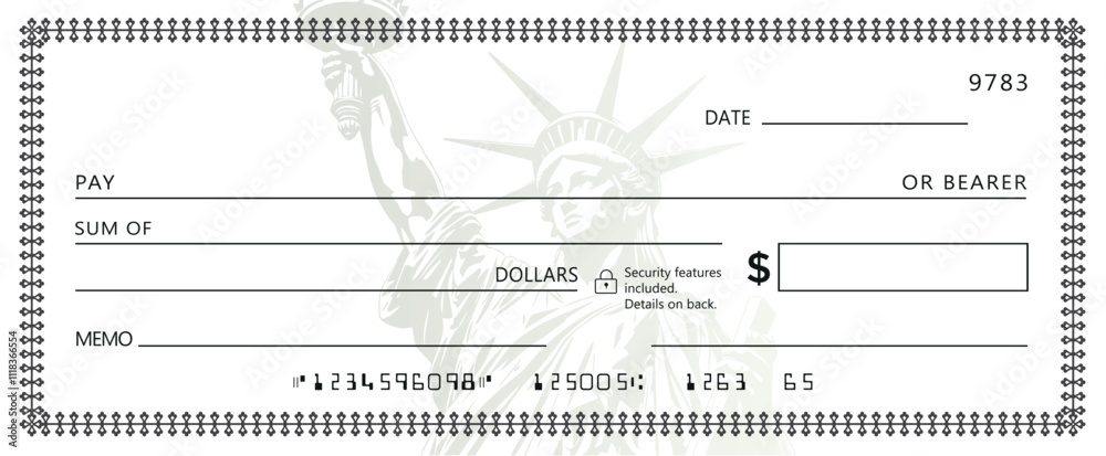 USA Blank bank check, checkbook cheque template, vector mockup. Statue ...