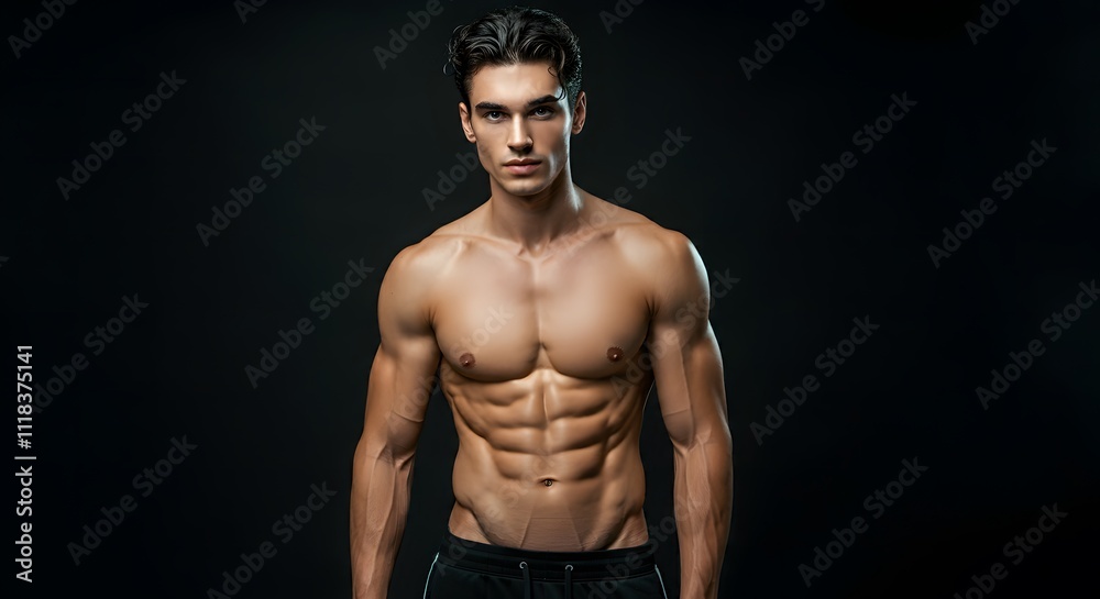 Slim muscular male model at black background. Fitness shirtless guy in black sport pants posing ...