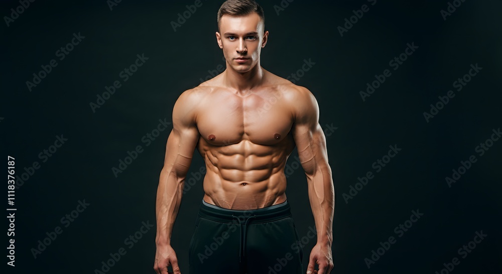Slim muscular male model at black background. Fitness shirtless guy in black sport pants posing ...