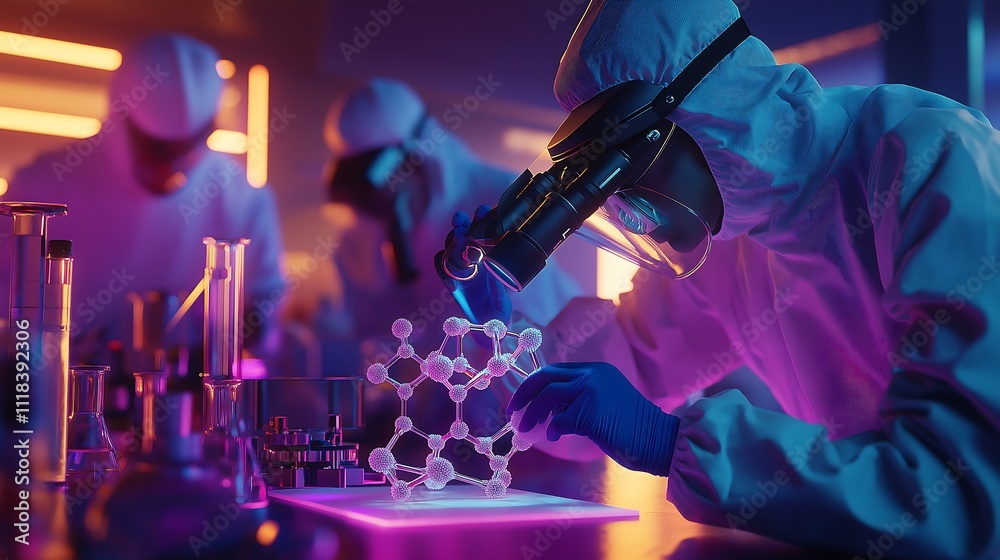 Diverse scientists in protective gear observing a 3D-printed molecular ...