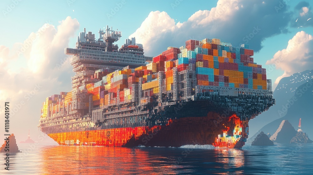 Massive cargo ship made of pixelated blocks, merging digital ...