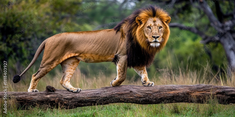 Majestic male lion walks across a fallen log in a savanna landscape ...
