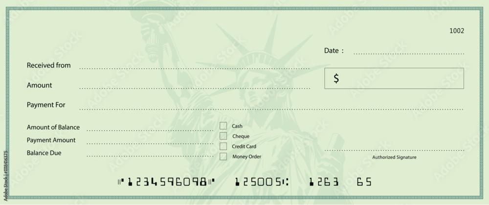 USA Blank bank check, checkbook cheque template, vector mockup. Statue ...