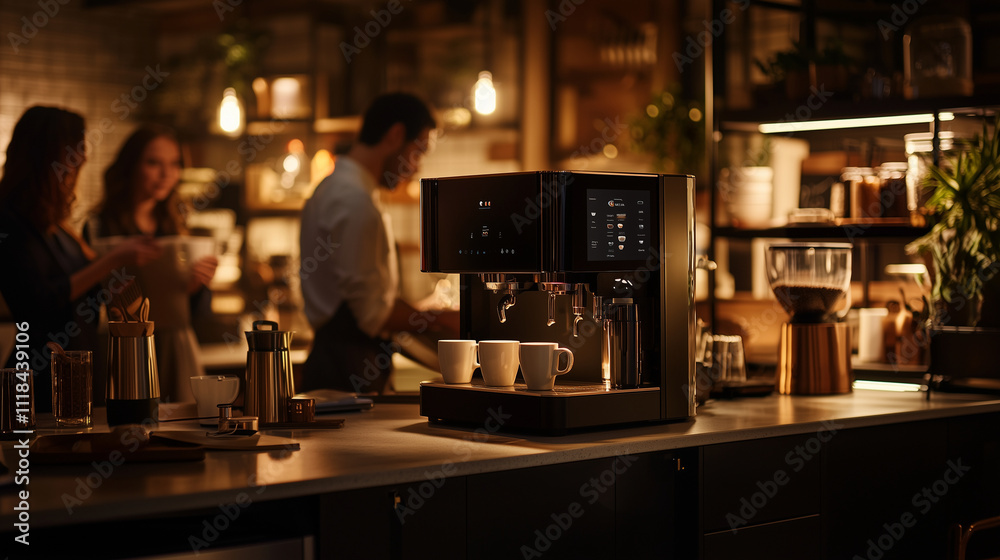 Employees in sleek office attire gather around the coffee machine ...
