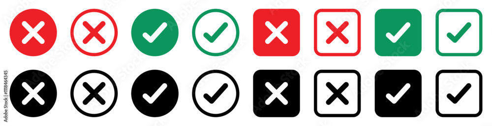 Green check marks and red cross mark icon button. Check mark icons set. Tick and cross symbol ...