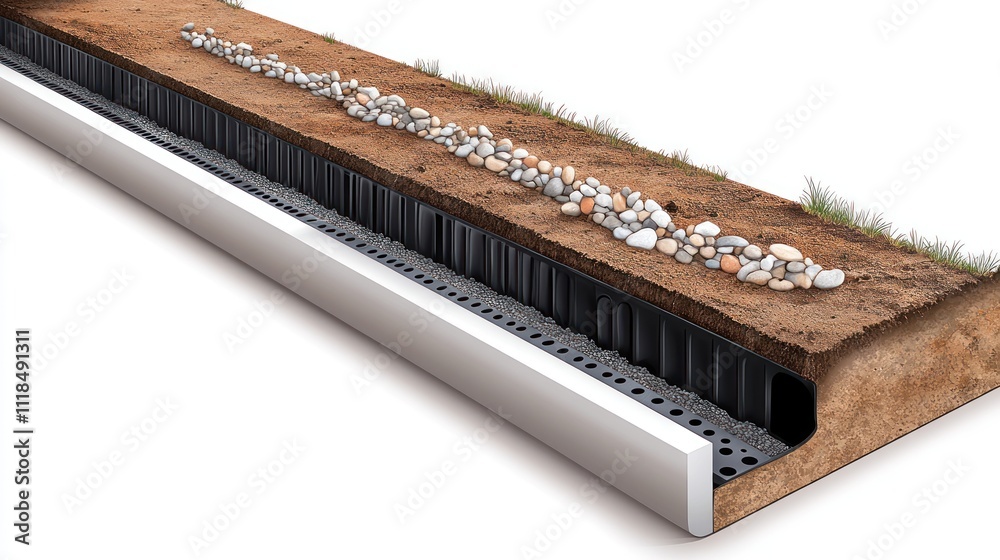 Cross-section of a French drain system showing gravel, perforated pipe ...