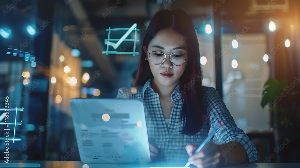 Woman tick correct sign mark in checkbox for quality document control ...