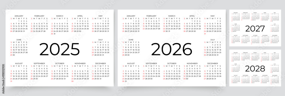 2025, 2026, 2027, 2028 calendars for year. Calender templates. Week ...
