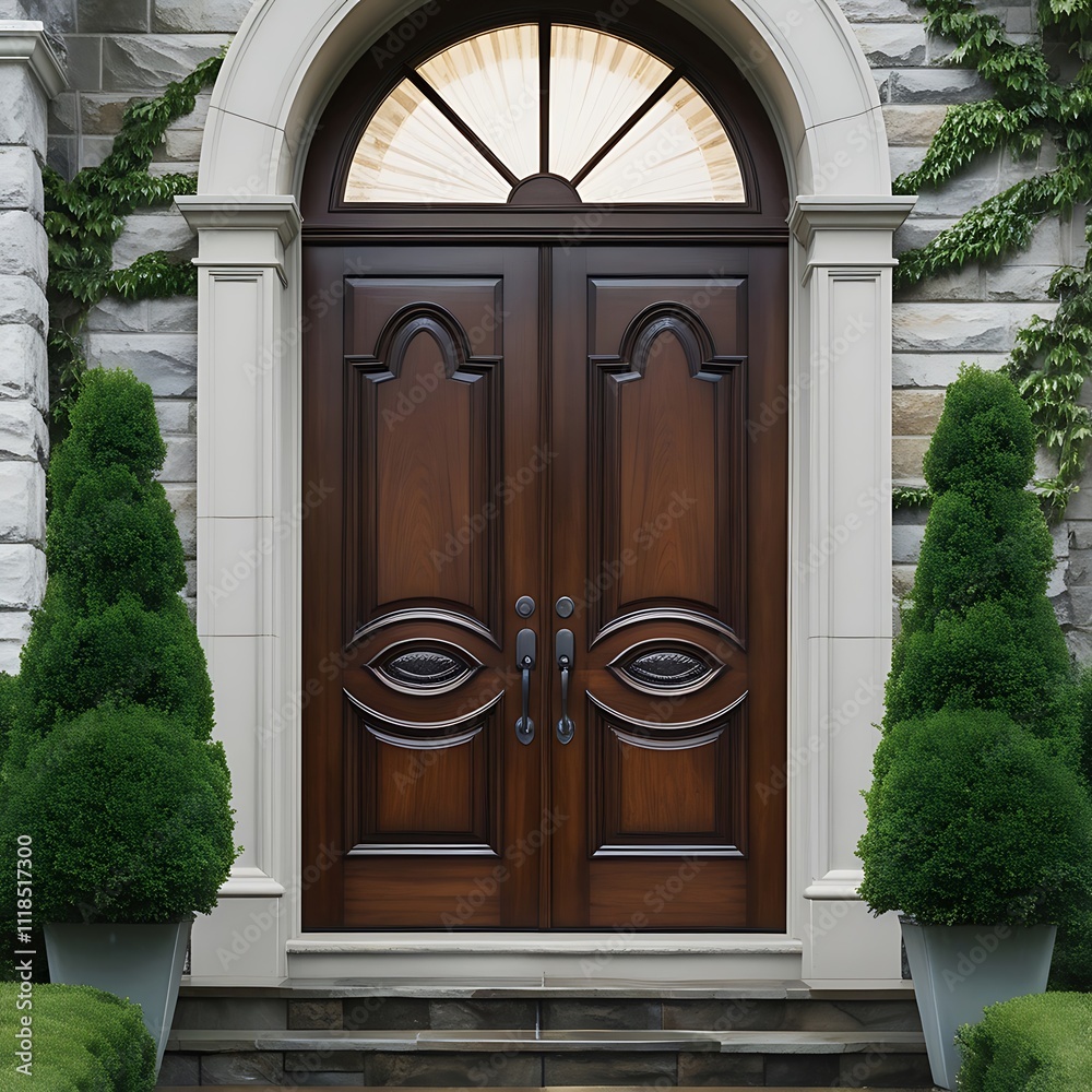 grand front door with double wooden panels, each with intricate ...