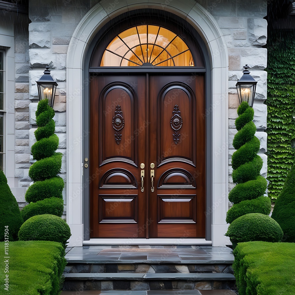 Stock-Foto „A grand front door with double wooden panels, each with ...