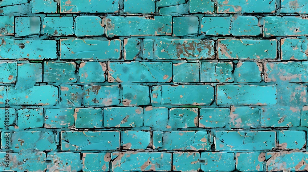 Seamless rough turquoise subway brick wall texture background with an ...