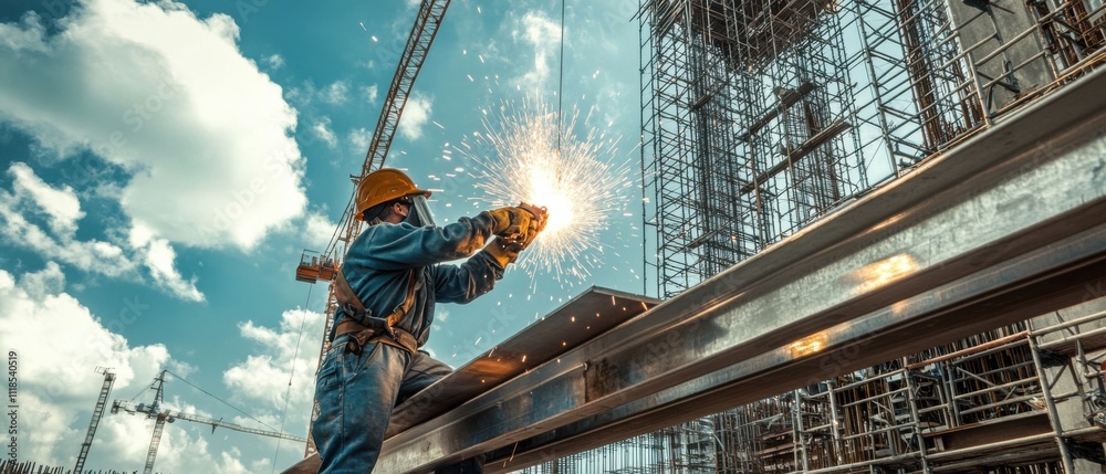 An ironworker welding steel beams at a skyscraper construction site ...