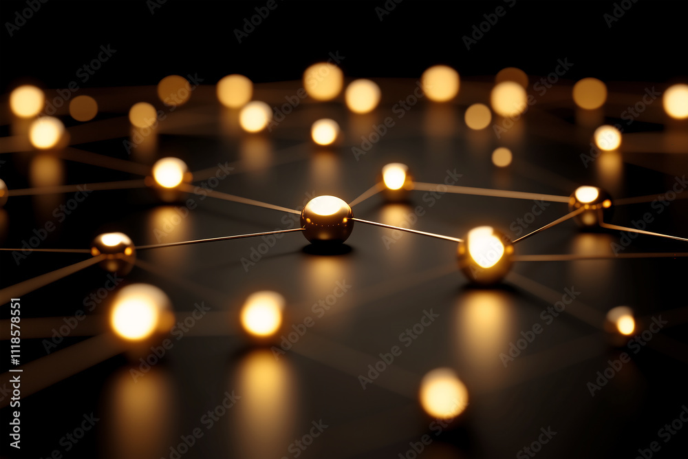 3d Social networking gold chrome nodes background, interconnected by ...