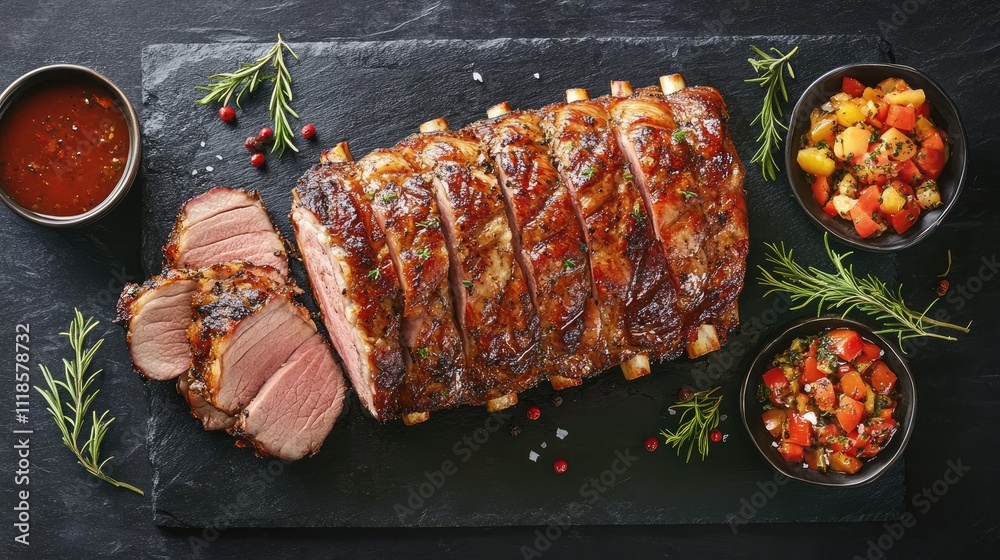 Marbled pork loin, sliced belly, and juicy ribs displayed on a black ...