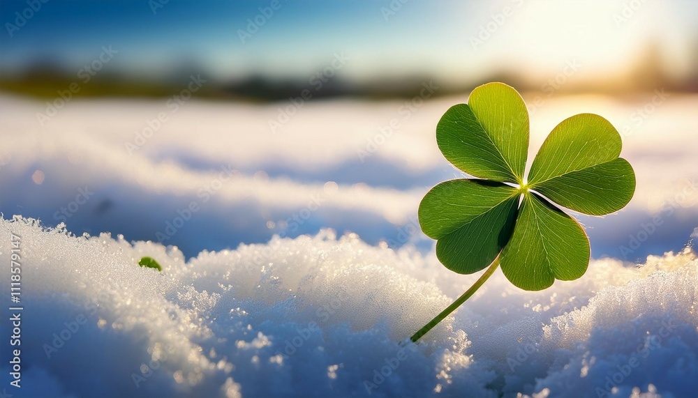 single good luck four leaf clover in meadow with snow an with copy ...