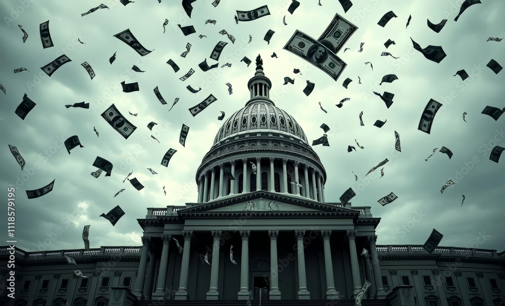 Backdrop photo of Dollar bills rain down from the sky around the ...