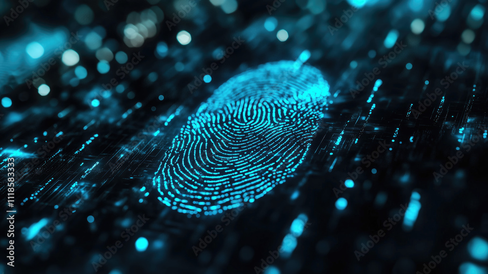 Generative AI image of digital finger print scan in blue glowing lights ...