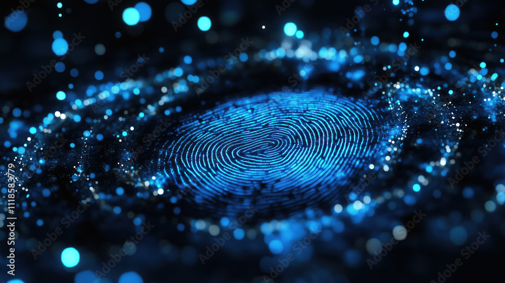 Generative AI image of digital finger print scan in blue glowing lights ...