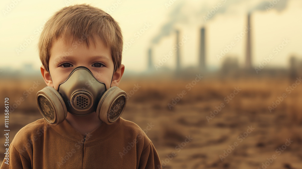 Child in gas mask standing in polluted field with smokestacks in ...