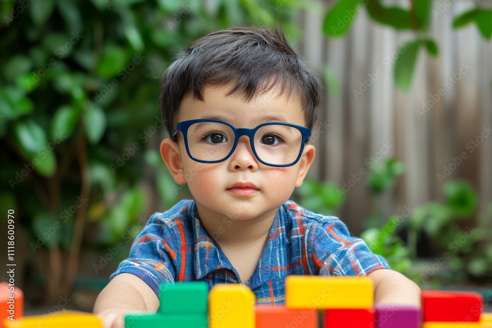 Curious Toddler Engaged in Play - A young child with glasses is focused ...