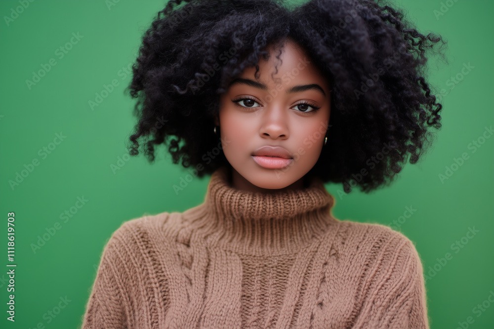 black woman with Afro wearing a muted mocha brown cable knit sweater on ...