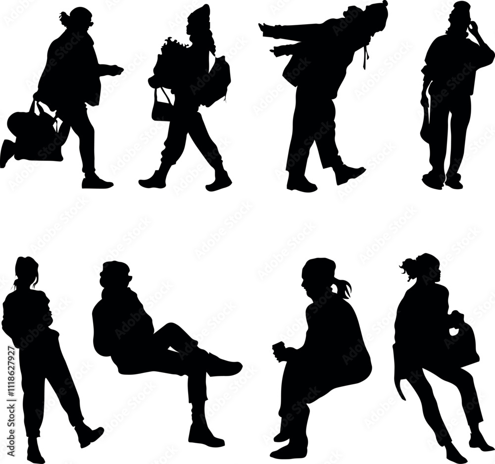 Collection of silhouettes of people in various poses. Includes figures ...