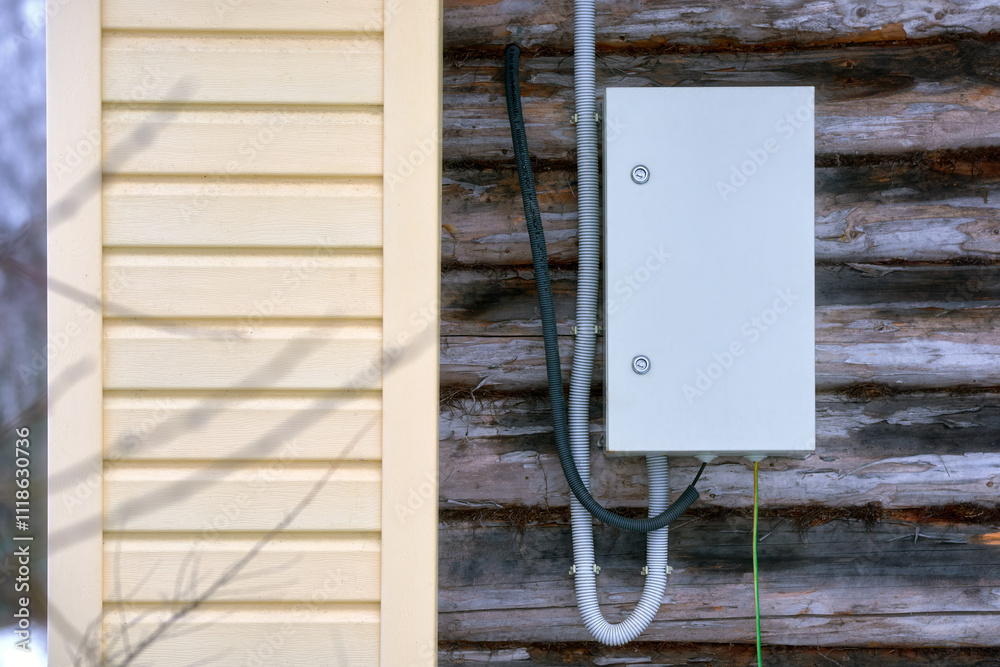 Electrical cabinet on the wall of a log house. Cable and grounding ...