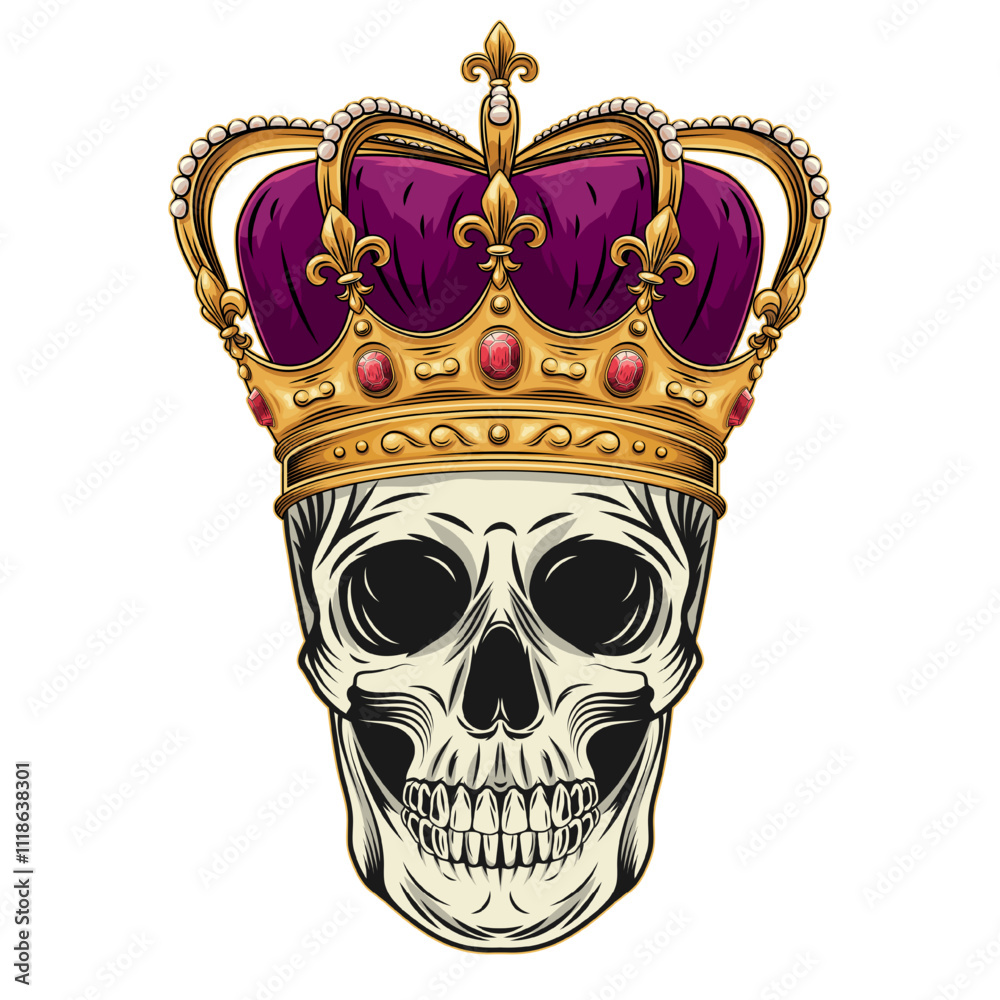 Human skull with imperial crown with red gemstones ruby, pearls, fleur de lis sign on points ...