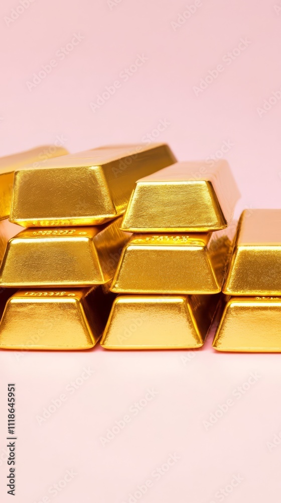 Gold Bars on Pink: A captivating image of gleaming gold bars, stacked in a pyramid formation ...